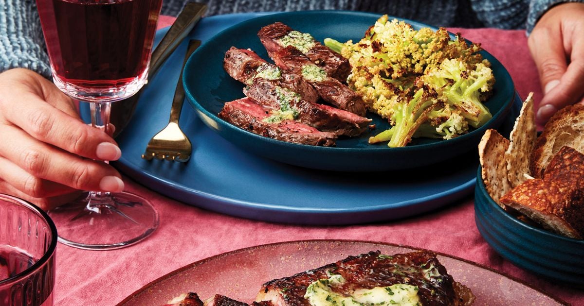Steak with Garlic-Herb Butter and Roasted Caulilini Recipe - Chatelaine